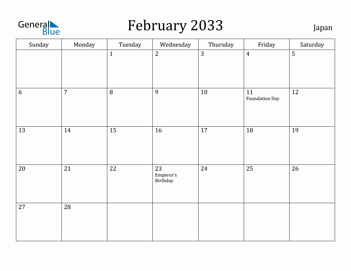 February 2033 Monthly Calendar with Japan Holidays