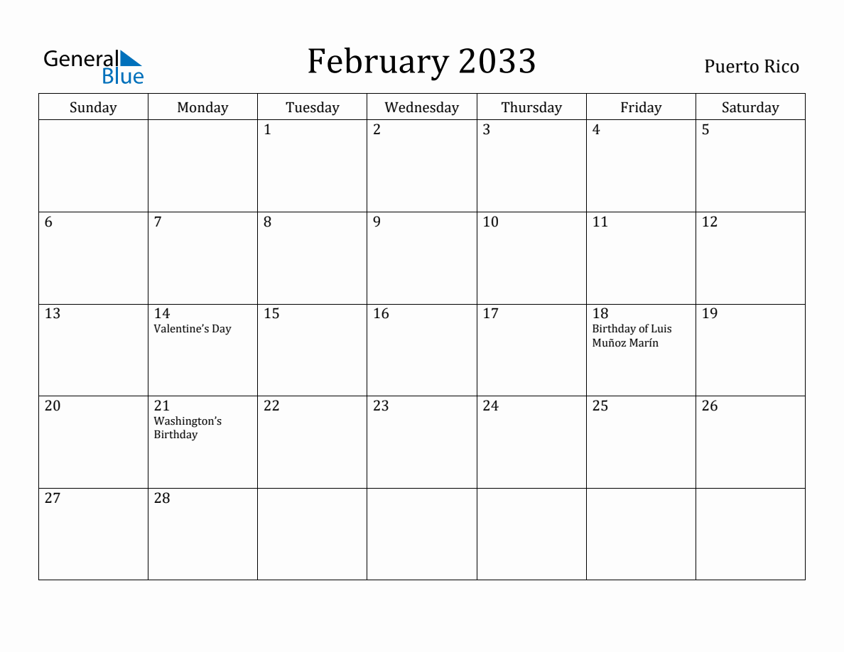 February 2033 Monthly Calendar with Puerto Rico Holidays
