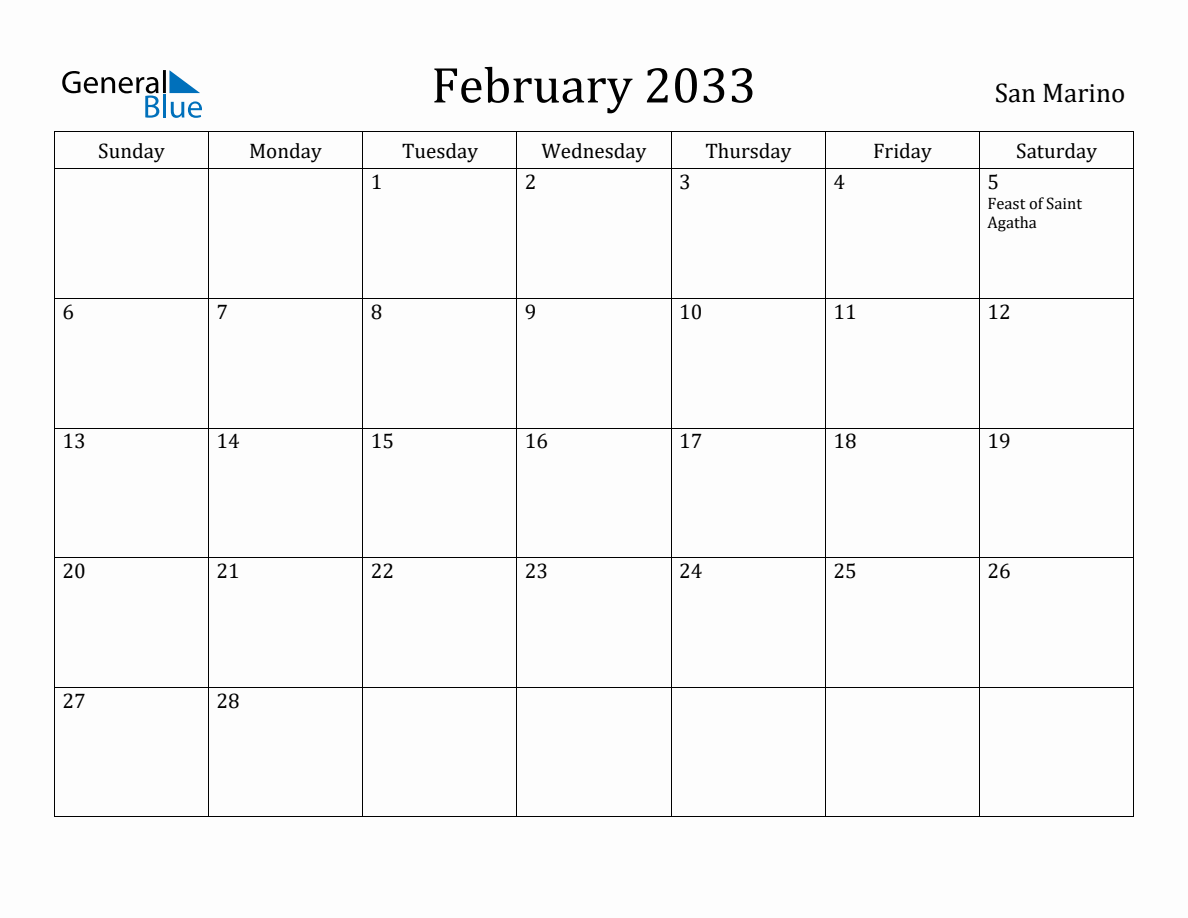 February 2033 Monthly Calendar with San Marino Holidays