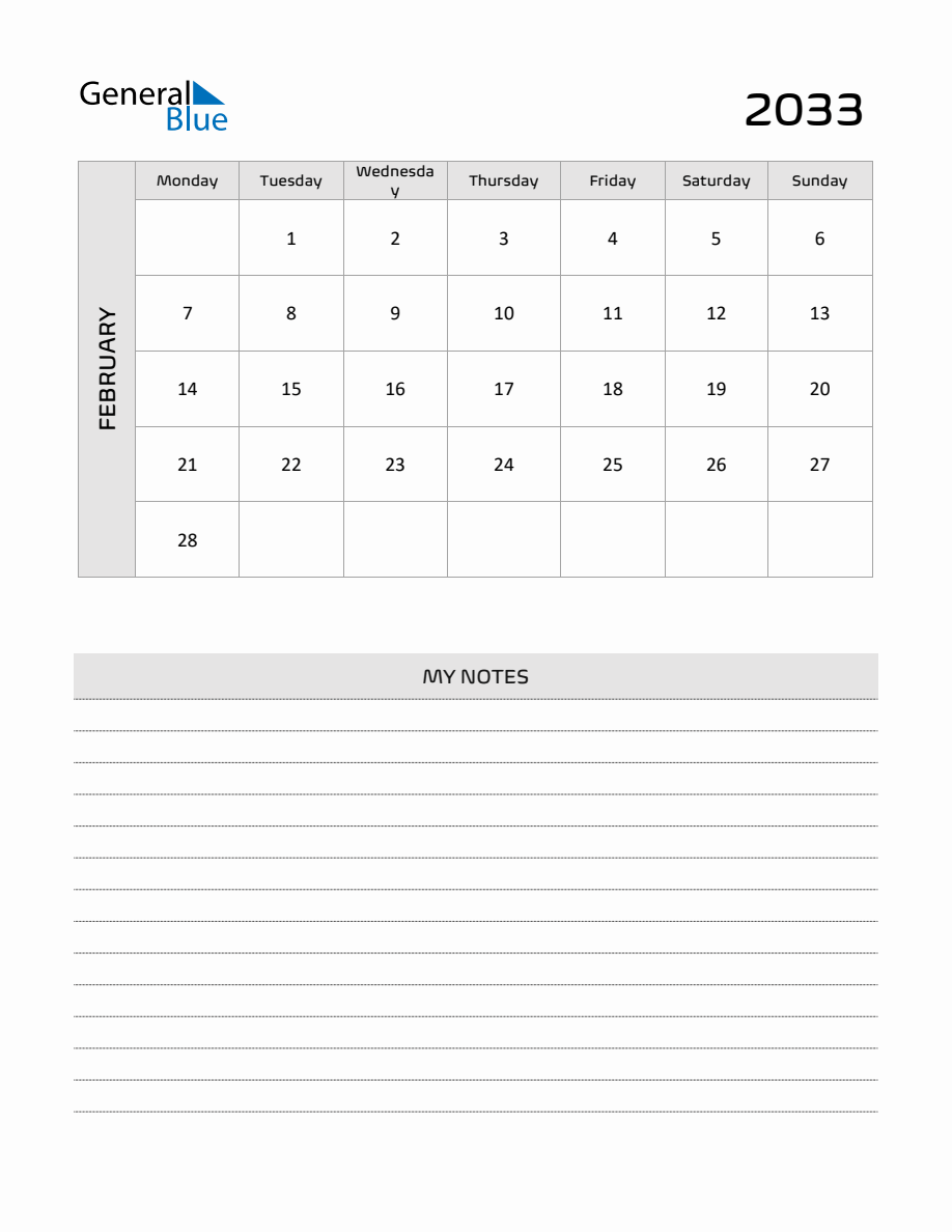 February 2033 Printable Monthly Calendar with Notes