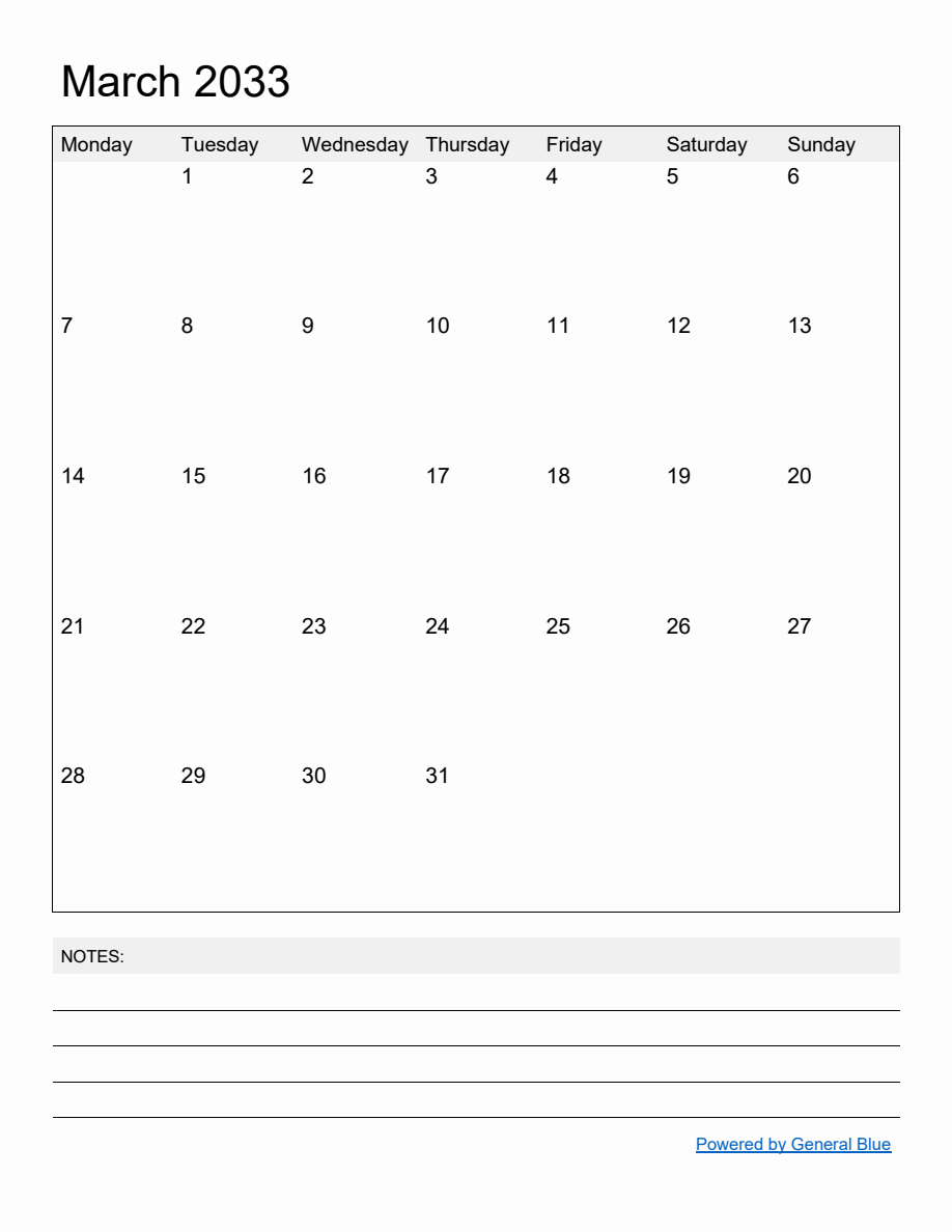 Free Printable Monthly Calendar for March 2033 - Monday Start