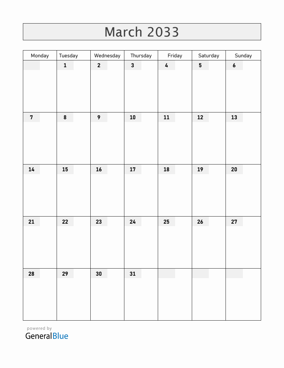 Blank March 2033 Calendar - Monday Start
