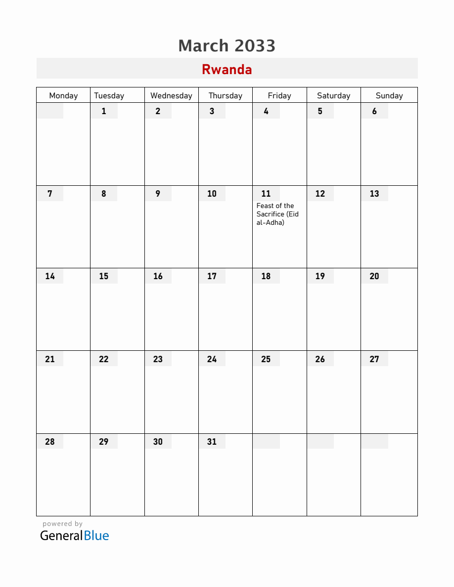 Rwanda March 2033 Calendar with Holidays (Monday Start)