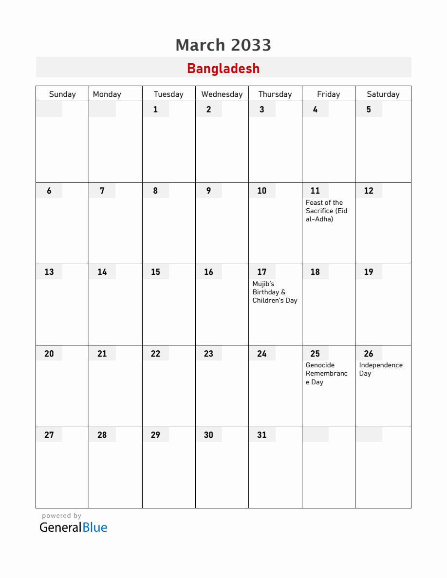 Bangladesh March 2033 Calendar with Holidays