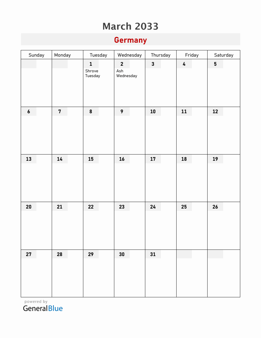 Germany March 2033 Calendar with Holidays