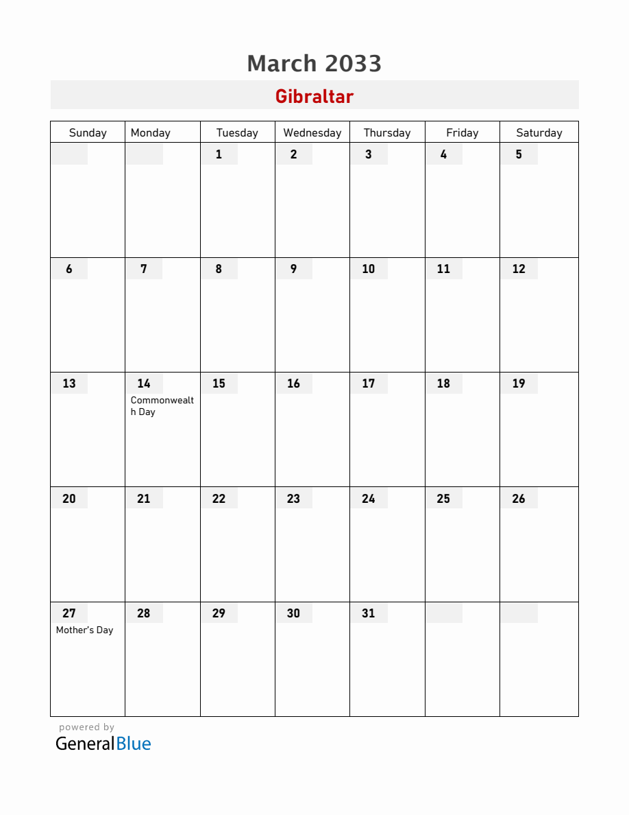 Gibraltar March 2033 Calendar with Holidays