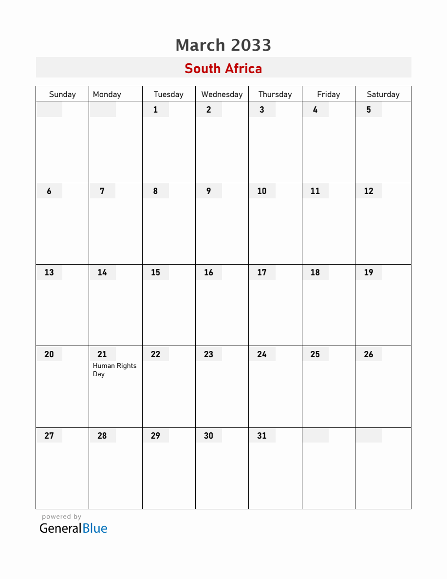 South Africa March 2033 Calendar with Holidays
