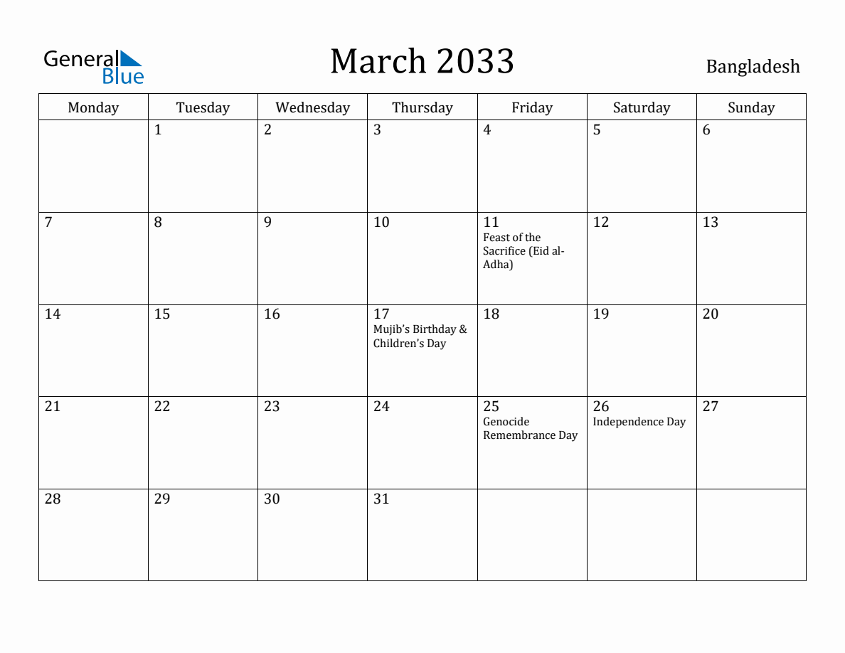 March 2033 - Bangladesh Monthly Calendar with Holidays