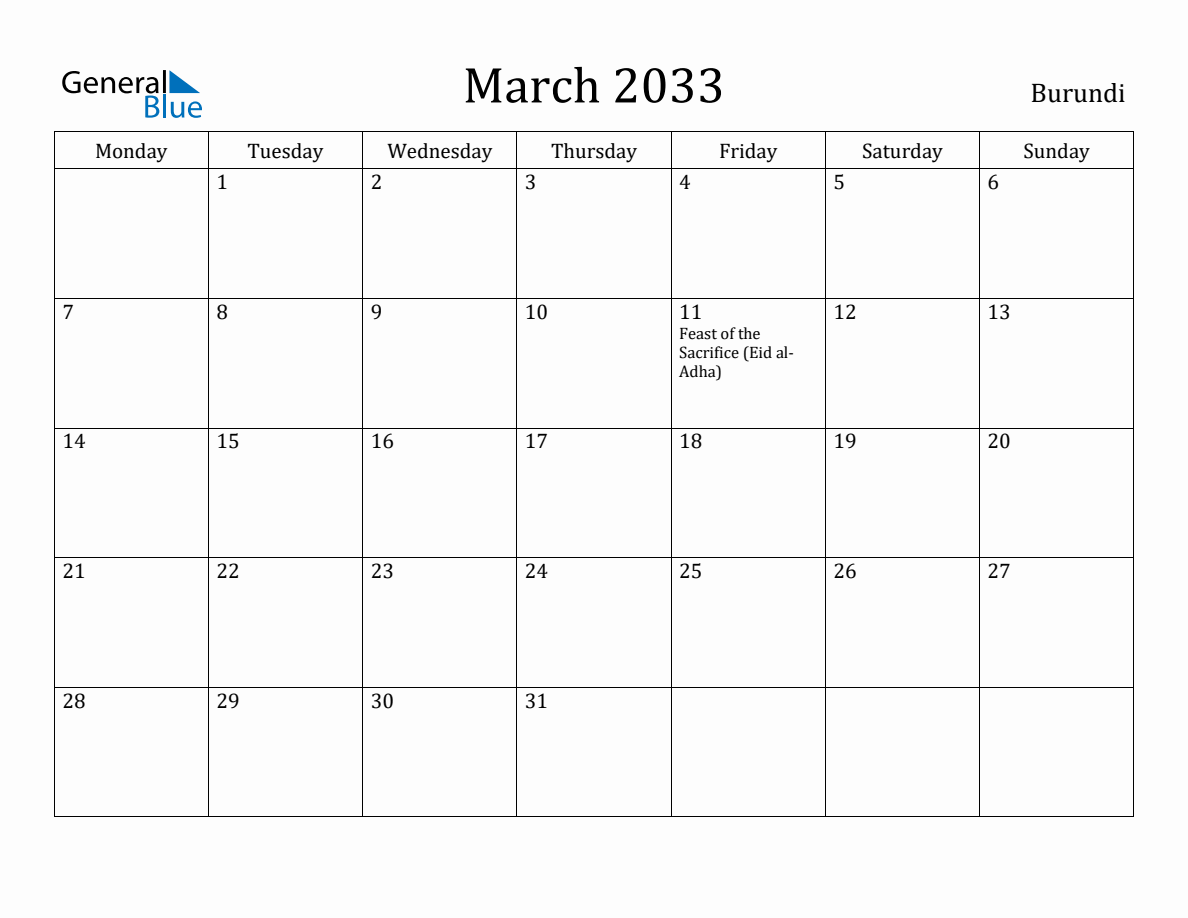 March 2033 - Burundi Monthly Calendar with Holidays