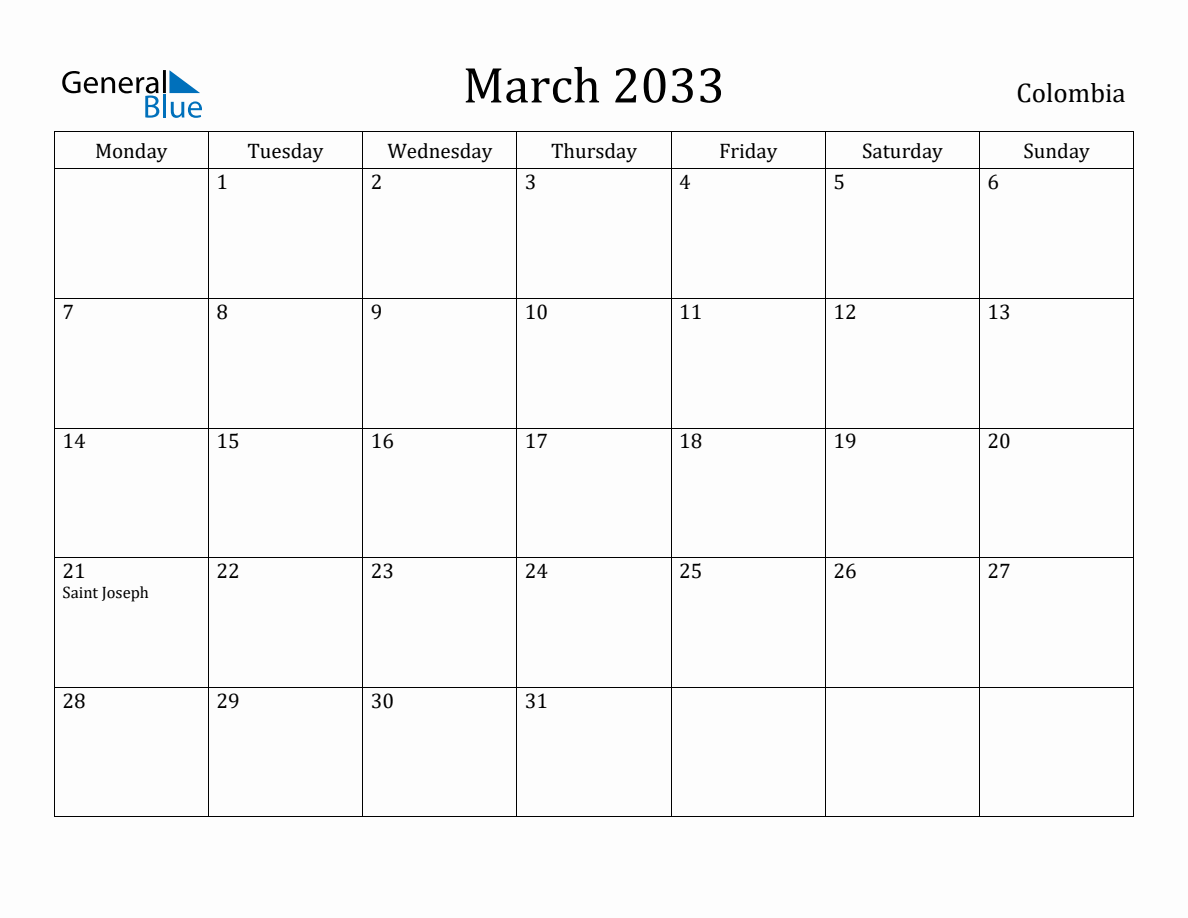 March 2033 - Colombia Monthly Calendar with Holidays