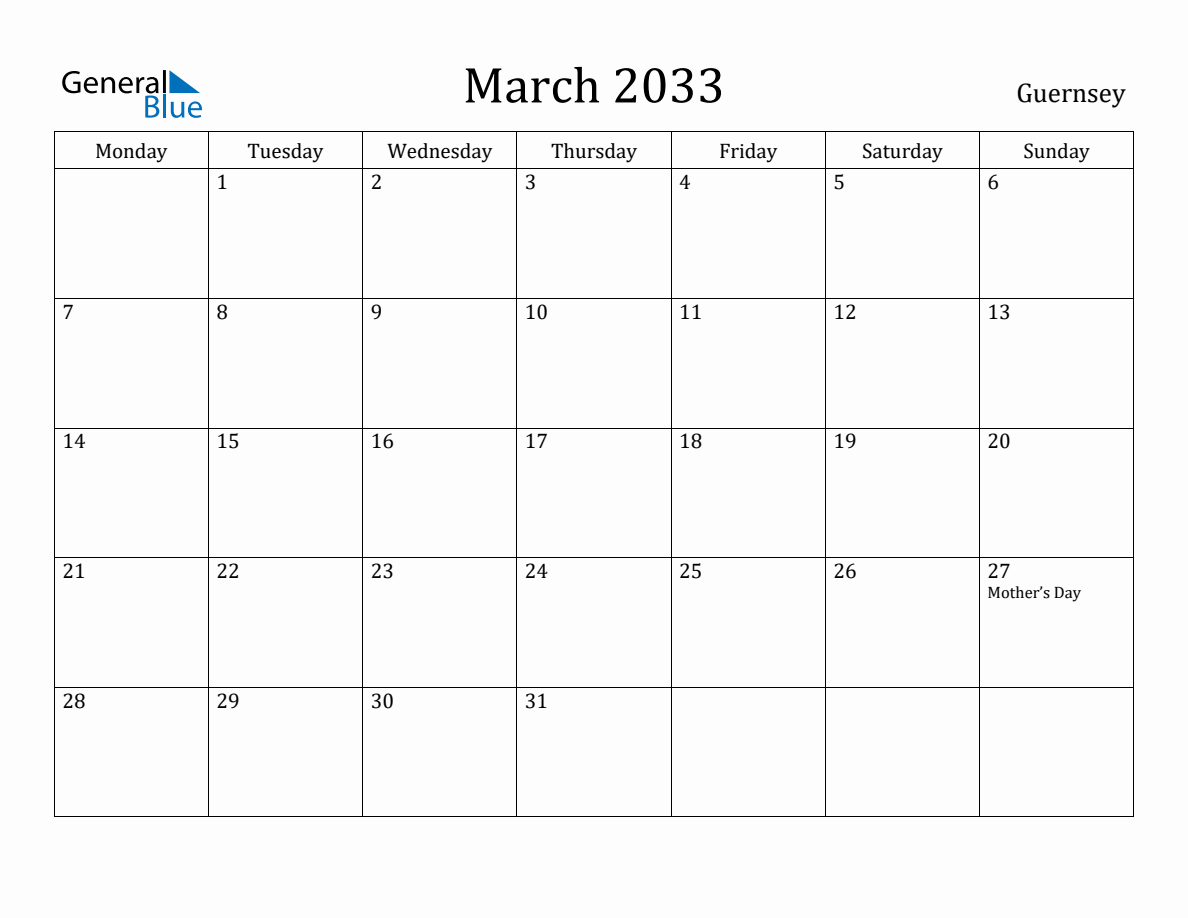 Guernsey Monthly Calendar - March 2033 (Monday Start)