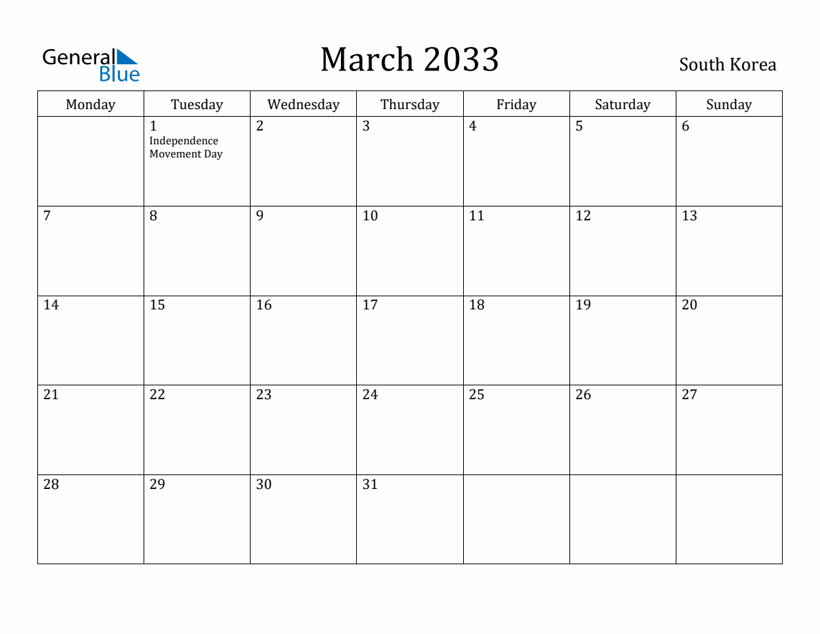 South Korea Monthly Calendar - March 2033 (Monday Start)