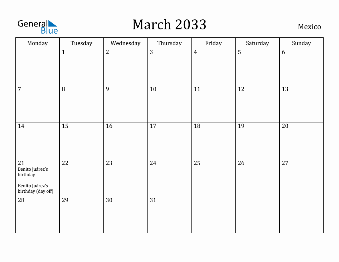 Mexico Monthly Calendar - March 2033 (Monday Start)