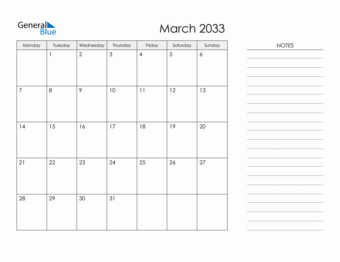Printable Monthly Calendar with Notes - March 2033 - Monday Start