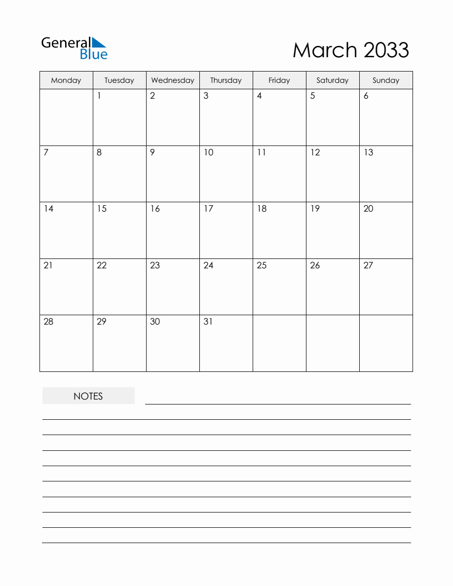 March 2033 Monthly Planner Calendar - Monday Start