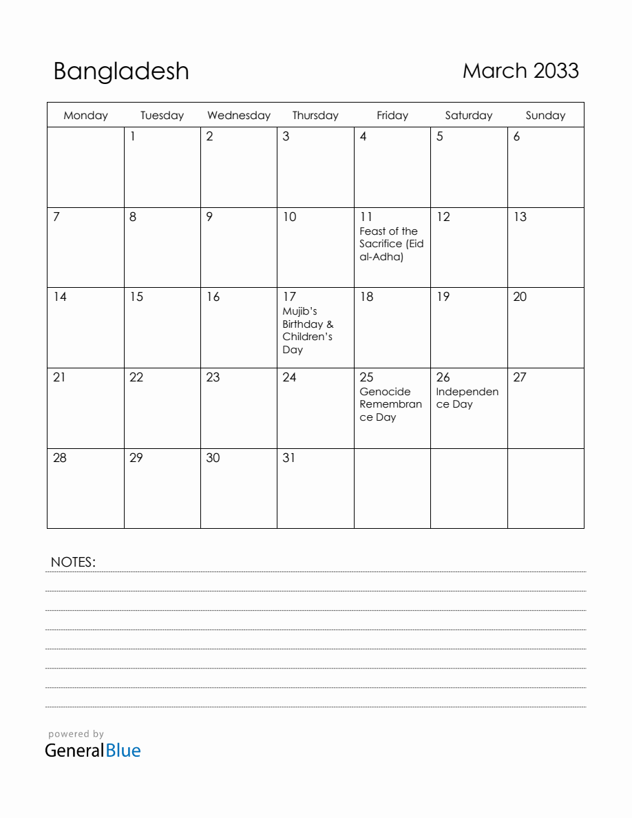 March 2033 Bangladesh Calendar with Holidays (Monday Start)