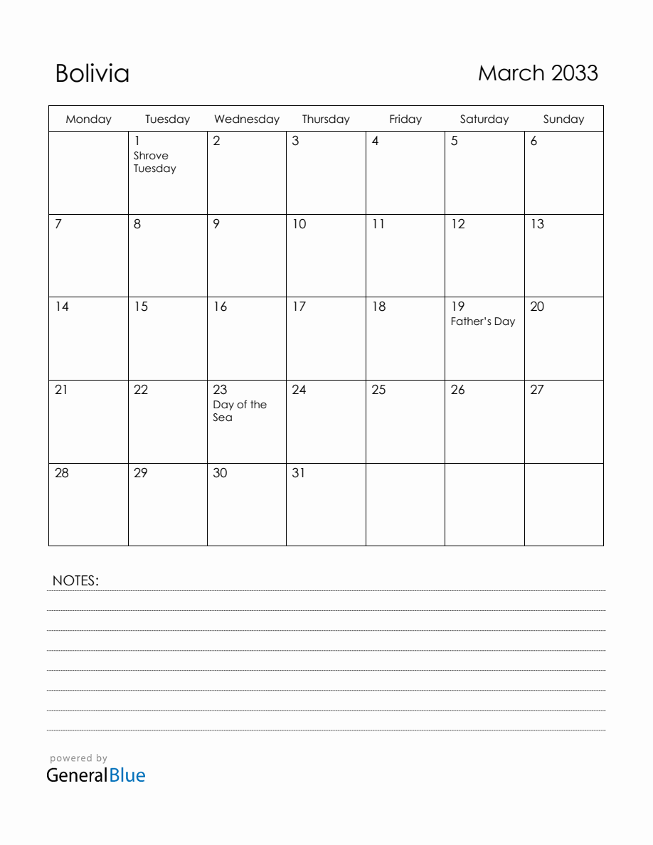 March 2033 Bolivia Calendar with Holidays