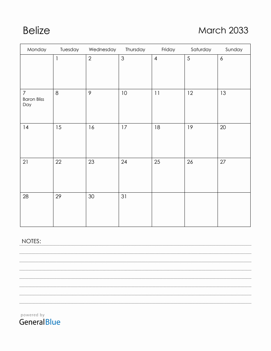 March 2033 Belize Calendar with Holidays