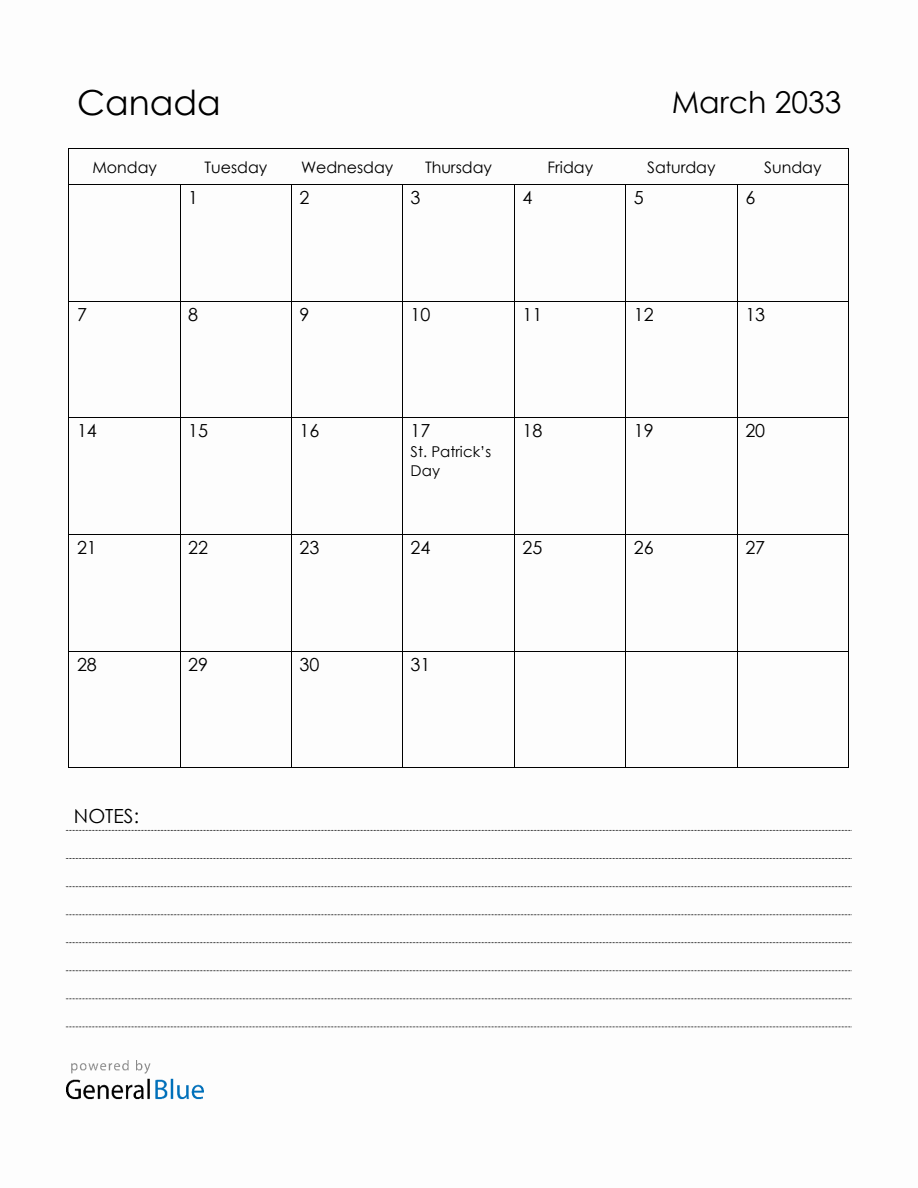 March 2033 Canada Calendar with Holidays