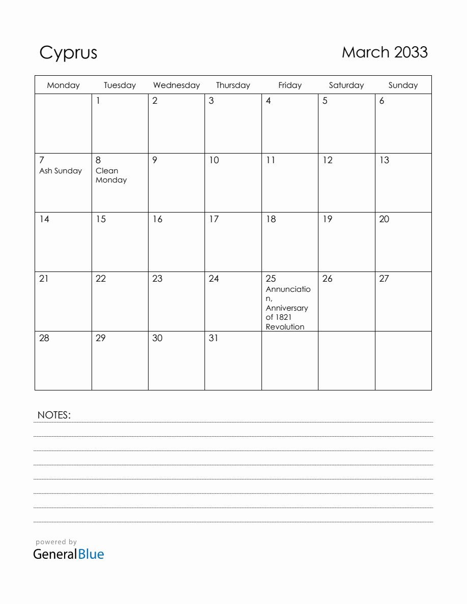 March 2033 Cyprus Calendar with Holidays
