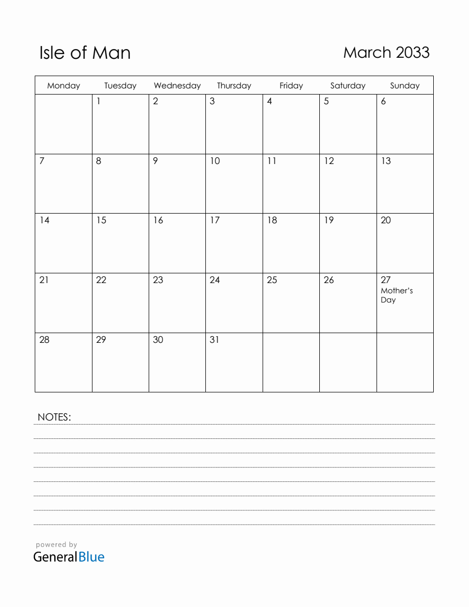 March 2033 Isle of Man Calendar with Holidays