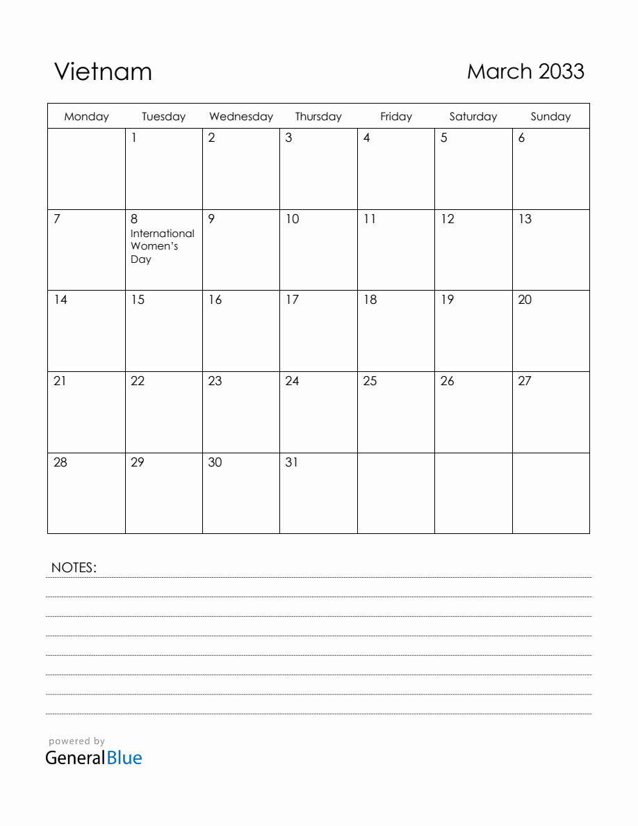 March 2033 Vietnam Calendar with Holidays