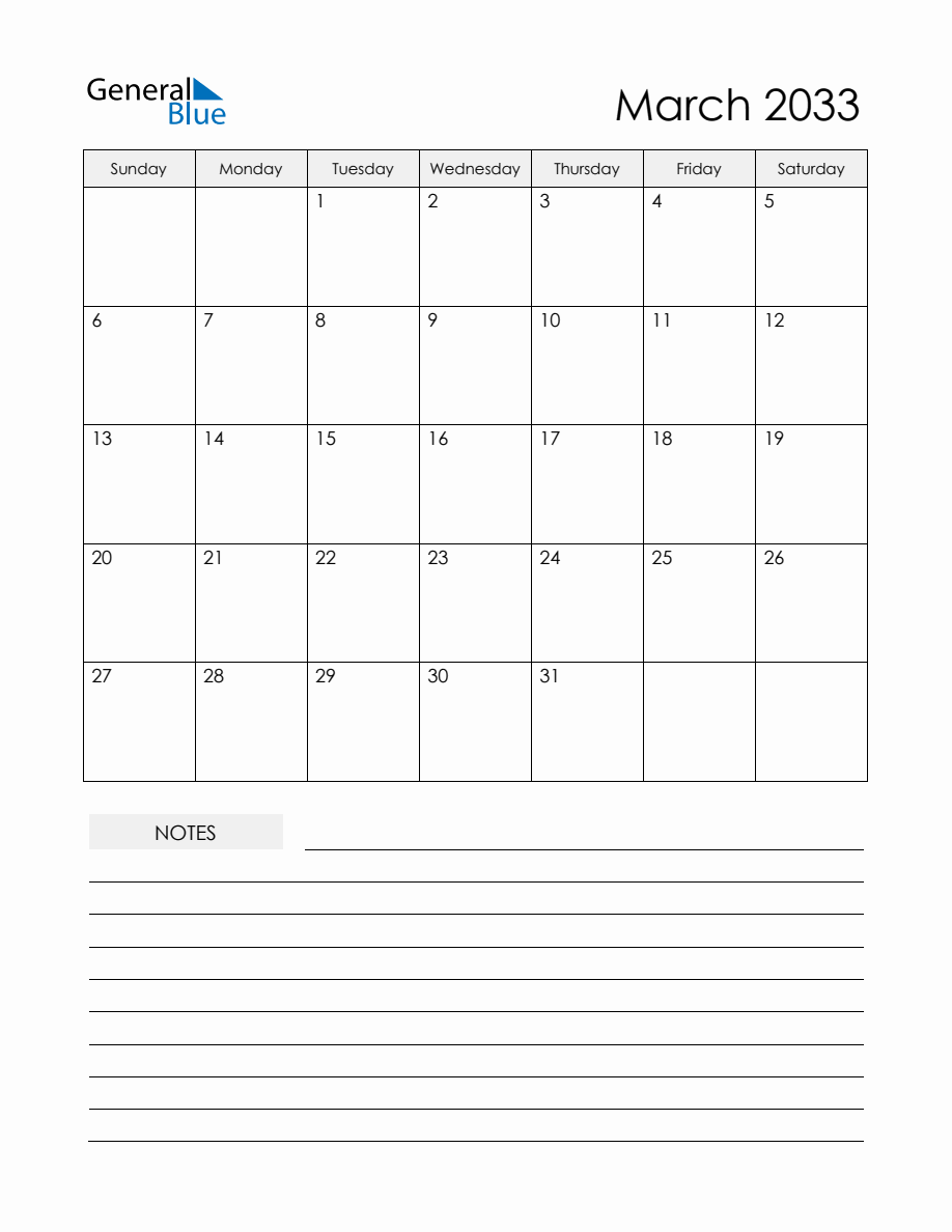 March 2033 Monthly Planner Calendar