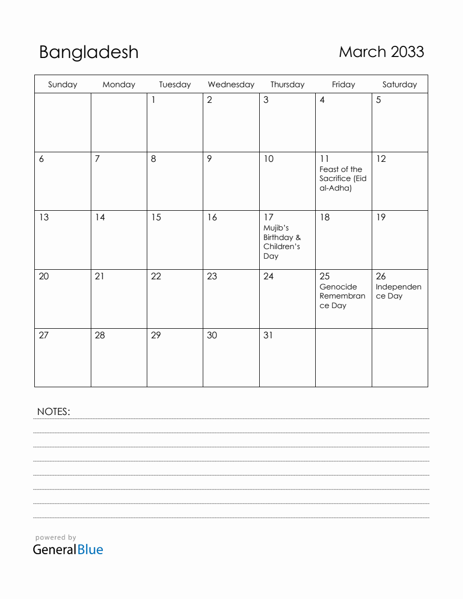 March 2033 Bangladesh Calendar with Holidays