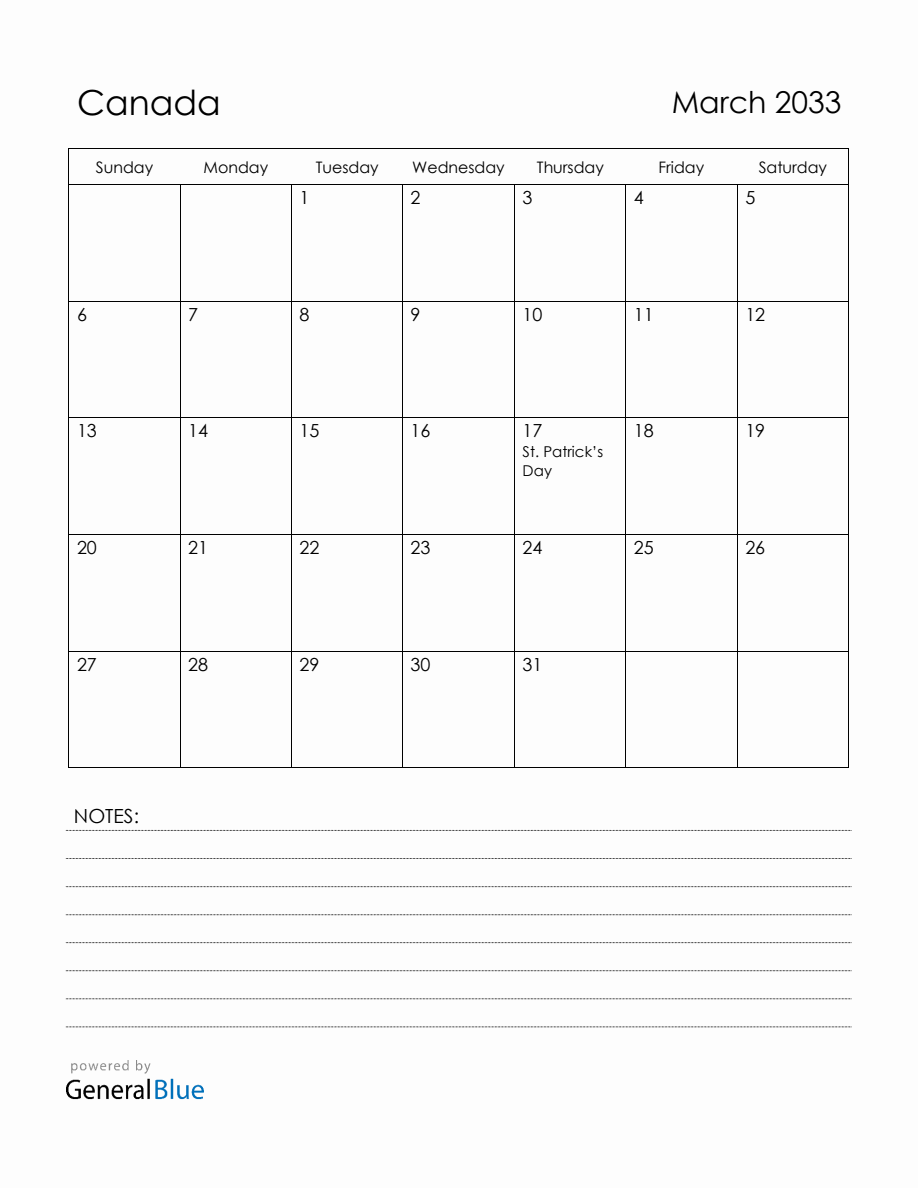 March 2033 Canada Calendar with Holidays