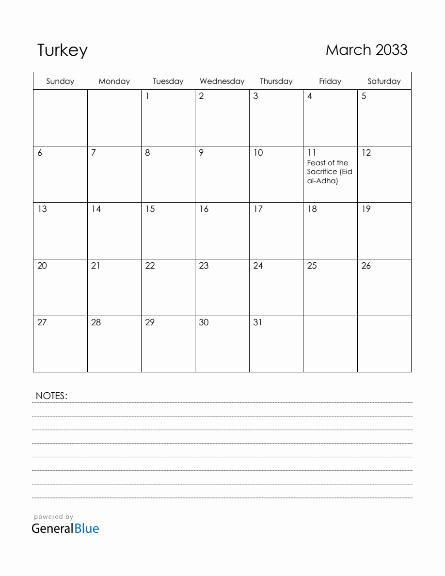 March 2033 Turkey Calendar with Holidays
