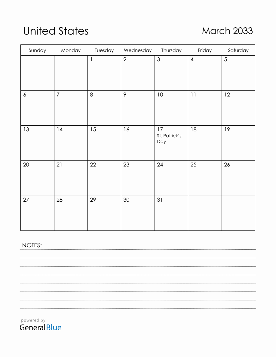 March 2033 United States Calendar with Holidays