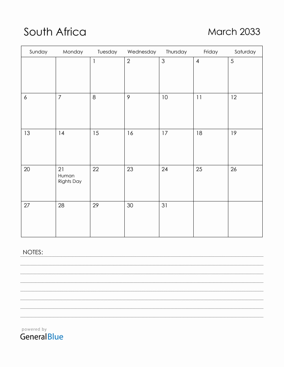 March 2033 South Africa Calendar with Holidays