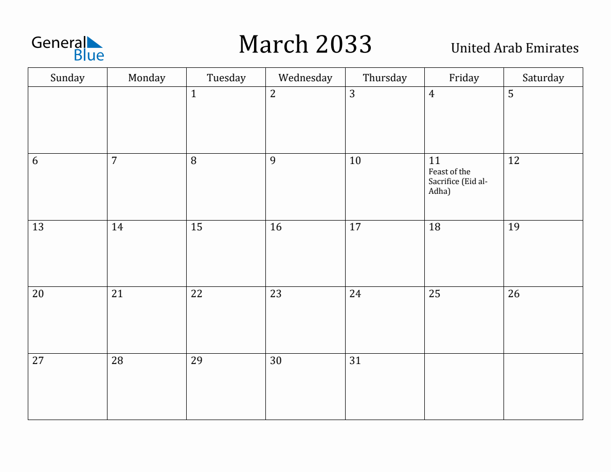 March 2033 Monthly Calendar with United Arab Emirates Holidays