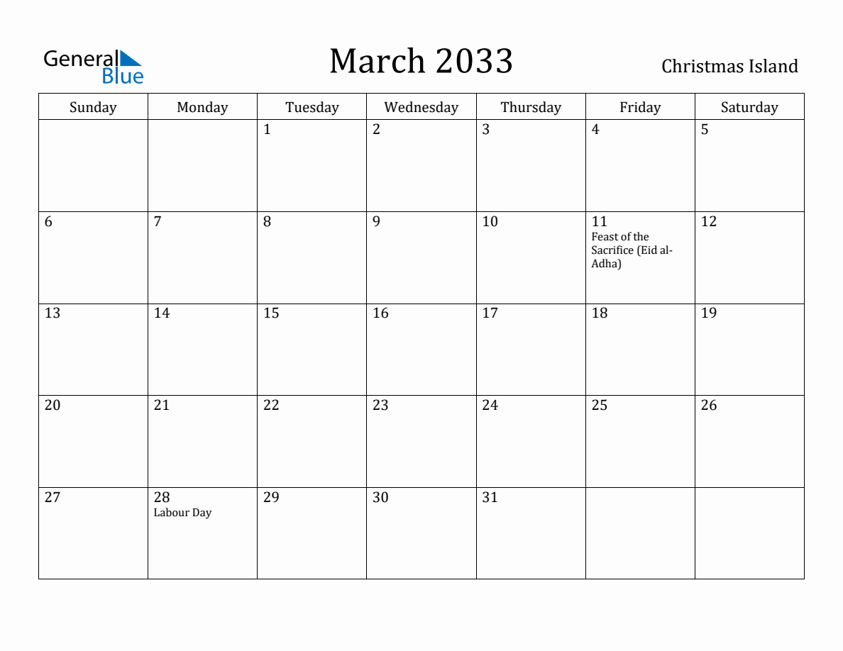 March 2033 Monthly Calendar with Christmas Island Holidays