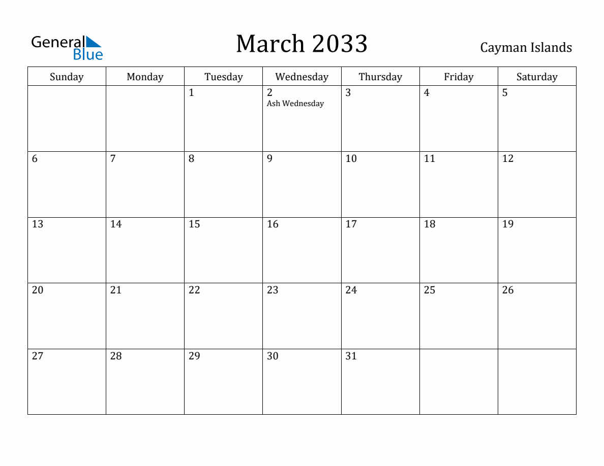 March 2033 Monthly Calendar with Cayman Islands Holidays