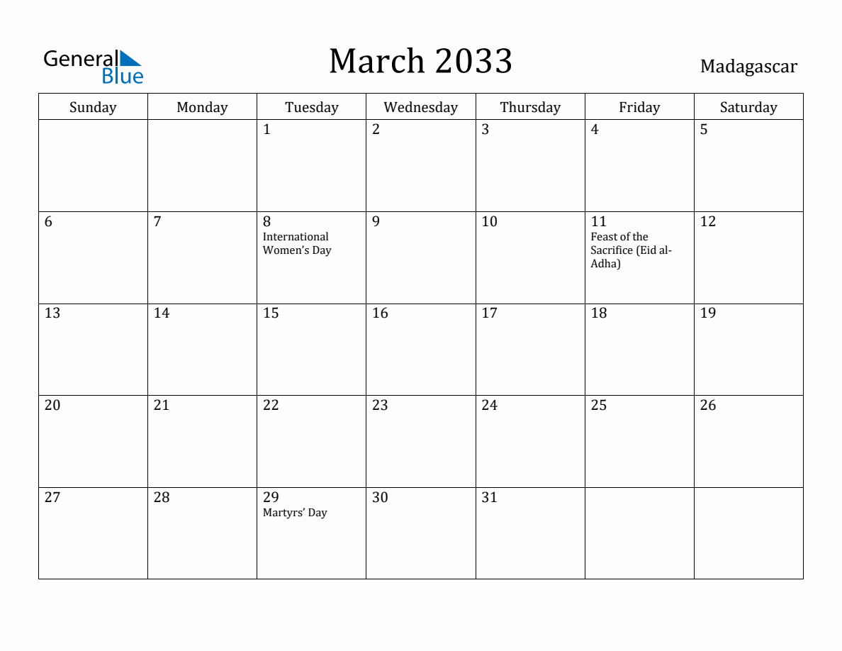 March 2033 Monthly Calendar with Madagascar Holidays