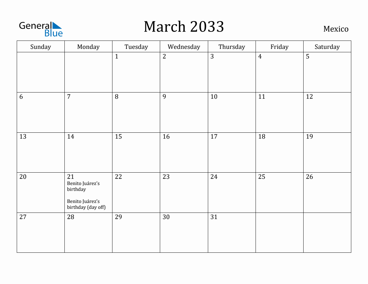 March 2033 Monthly Calendar with Mexico Holidays