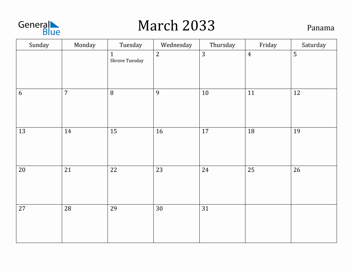 March 2033 Monthly Calendar with Panama Holidays