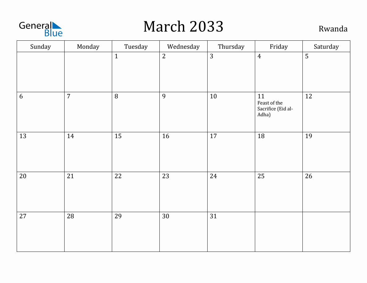 March 2033 Monthly Calendar with Rwanda Holidays