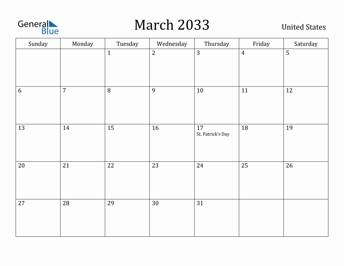 March 2033 Monthly Calendar with United States Holidays