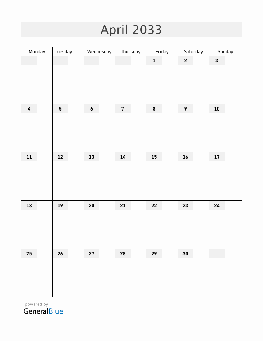 Blank April 2033 Calendar