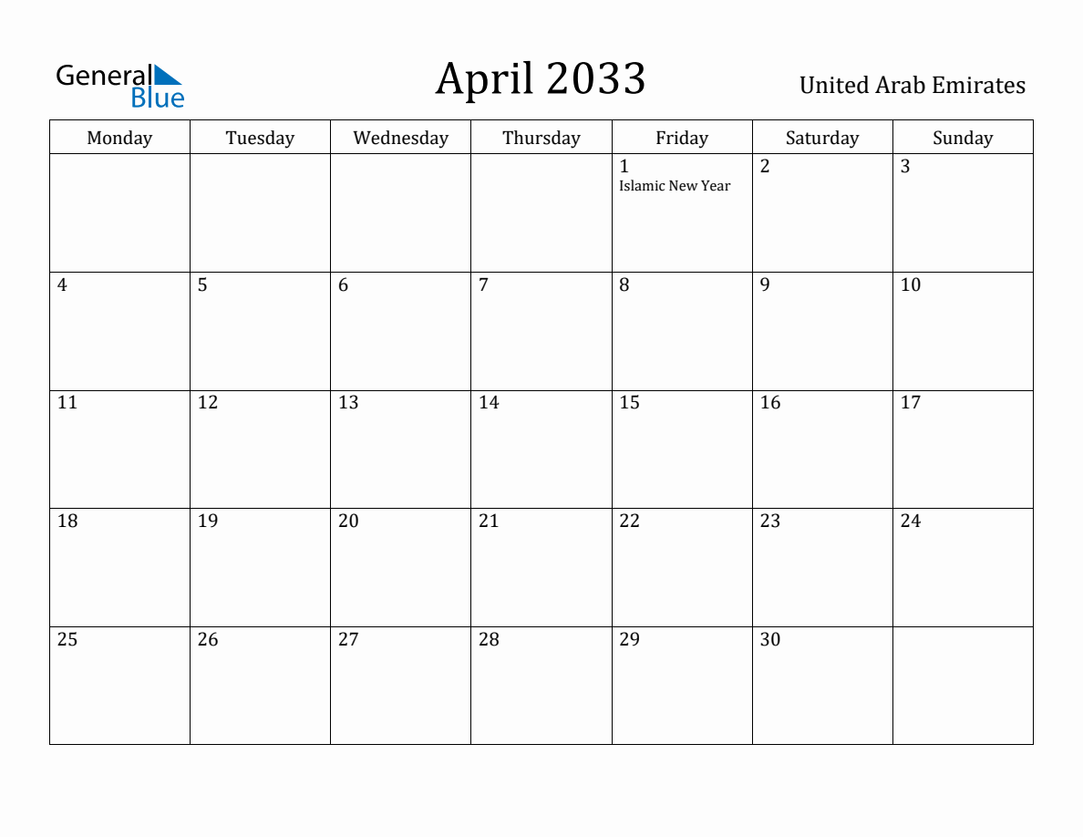 April 2033 - United Arab Emirates Monthly Calendar with Holidays