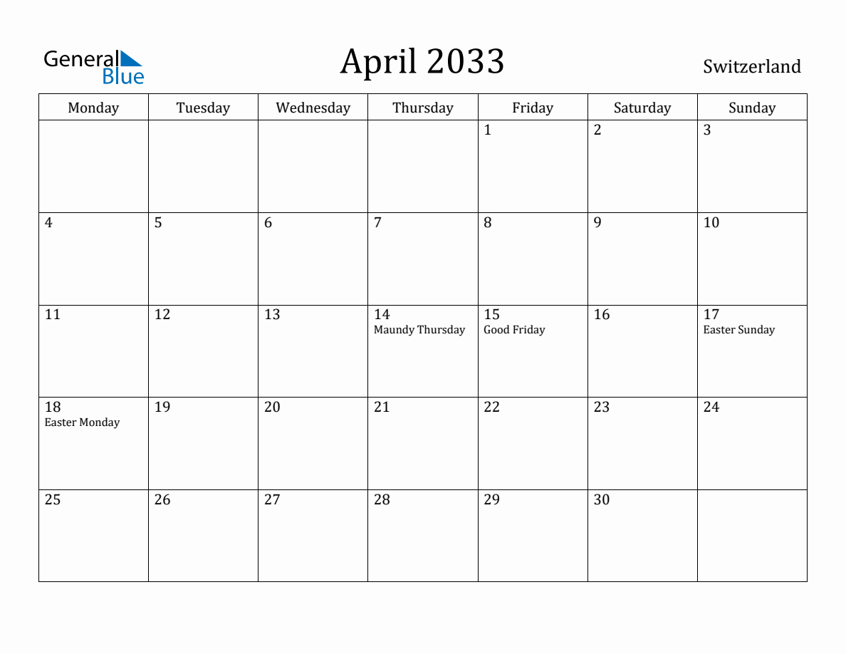 April 2033 - Switzerland Monthly Calendar with Holidays