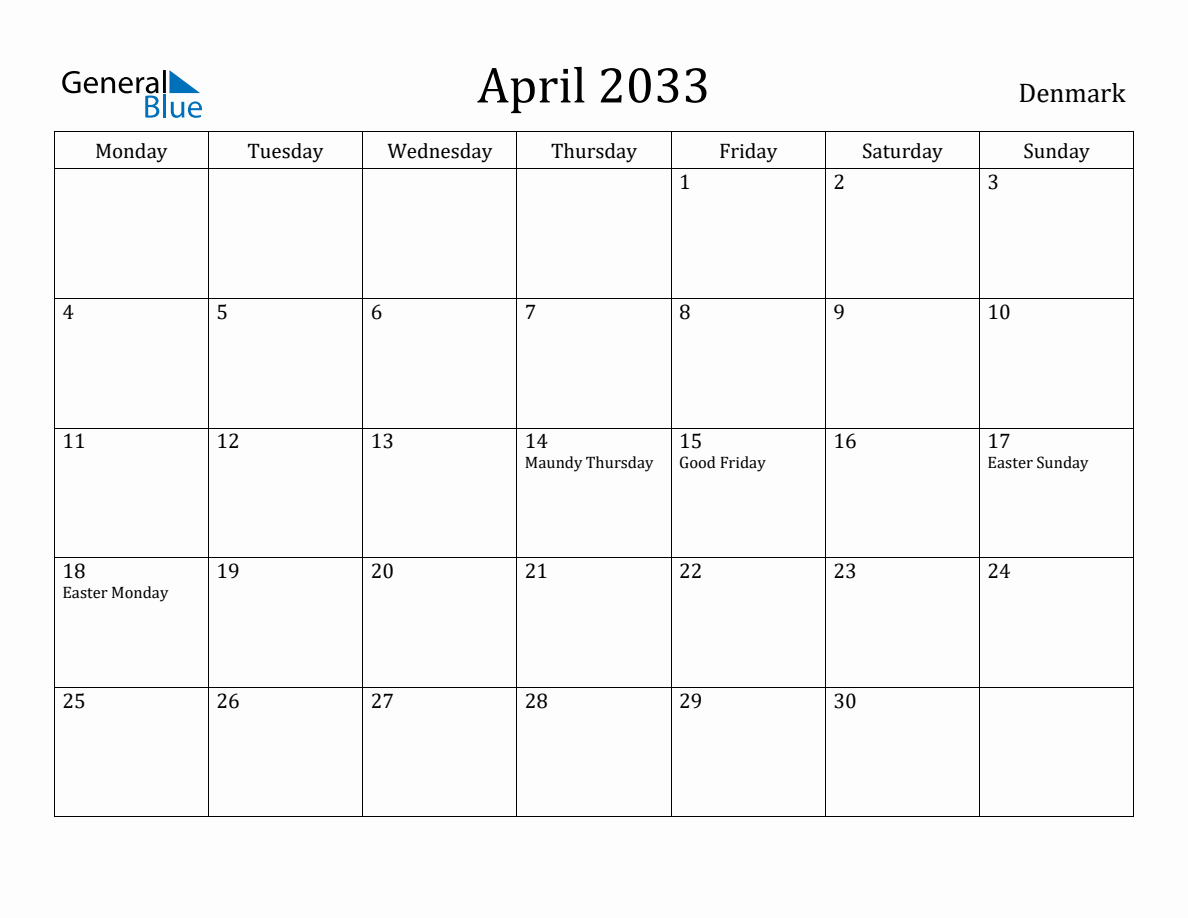 April 2033 - Denmark Monthly Calendar with Holidays