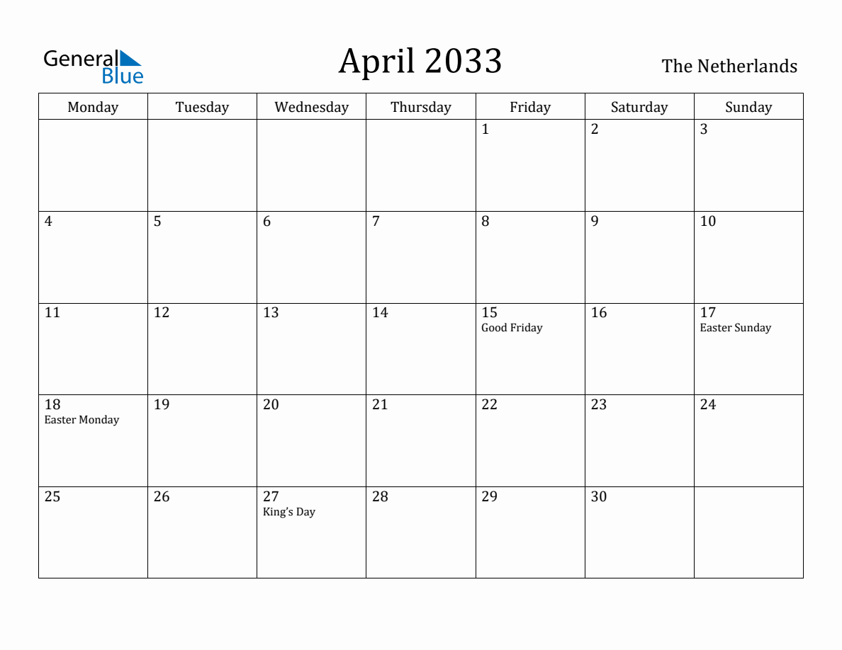 April 2033 - The Netherlands Monthly Calendar with Holidays