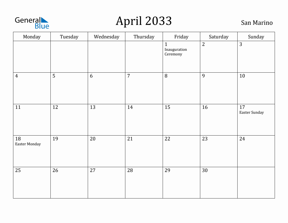 April 2033 - San Marino Monthly Calendar with Holidays