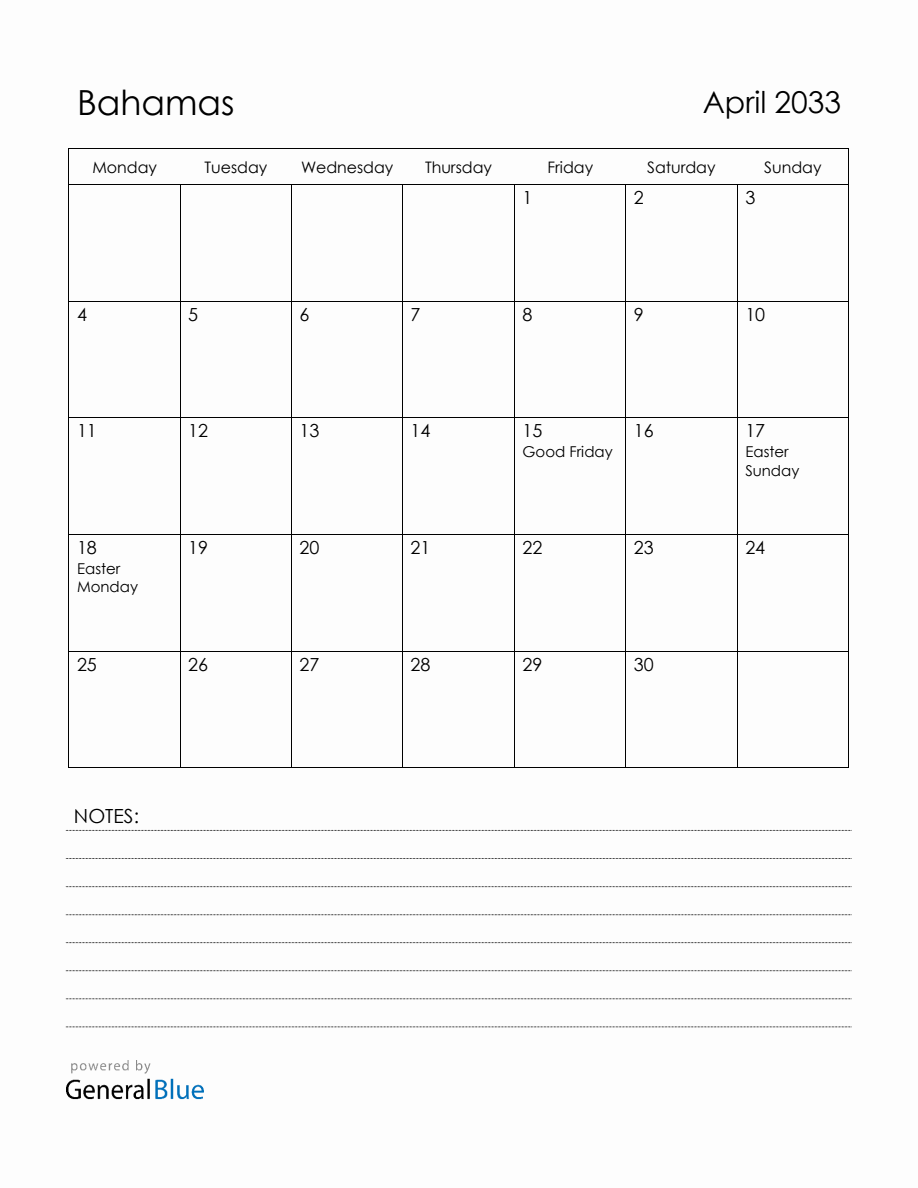 April 2033 Bahamas Calendar with Holidays