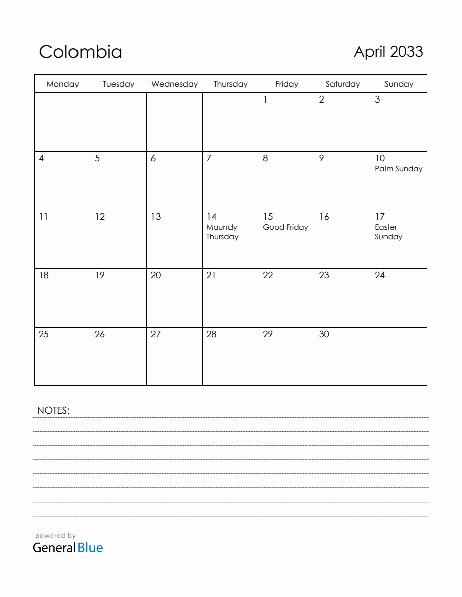 April 2033 Colombia Calendar with Holidays