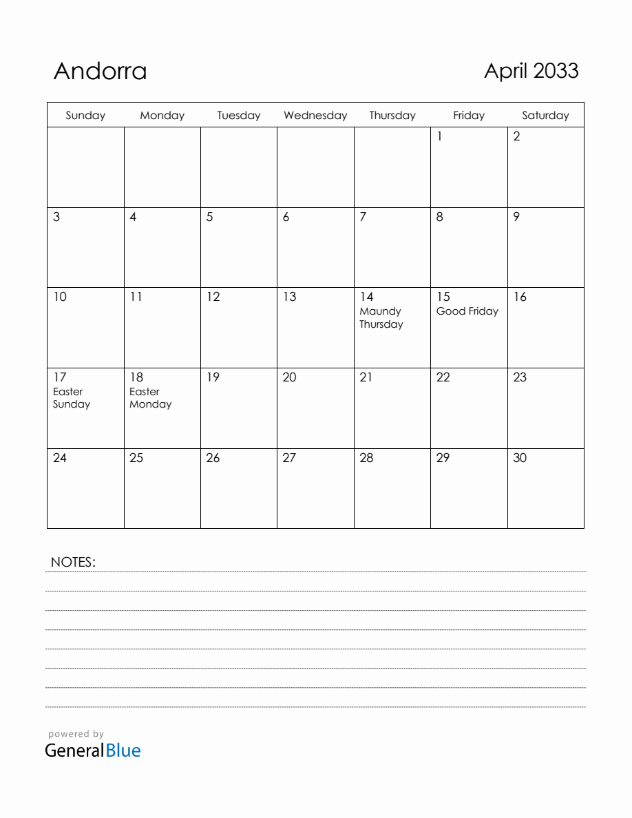 April 2033 Andorra Calendar with Holidays