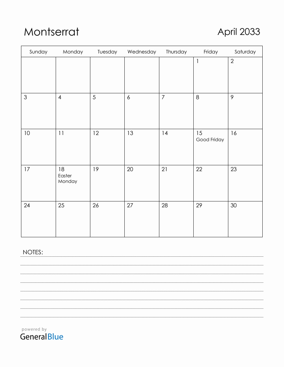 April 2033 Montserrat Calendar with Holidays